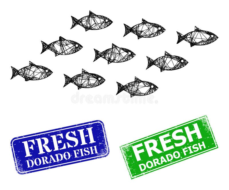 Rubber Fresh Dorado Fish Stamp Seals and Polygonal Mesh School of Fish ...