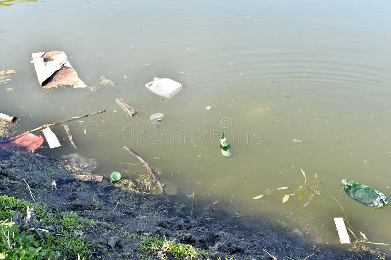 Rubbish, Waste Floating in Polluted Pond Stock Photo - Image of bottle ...
