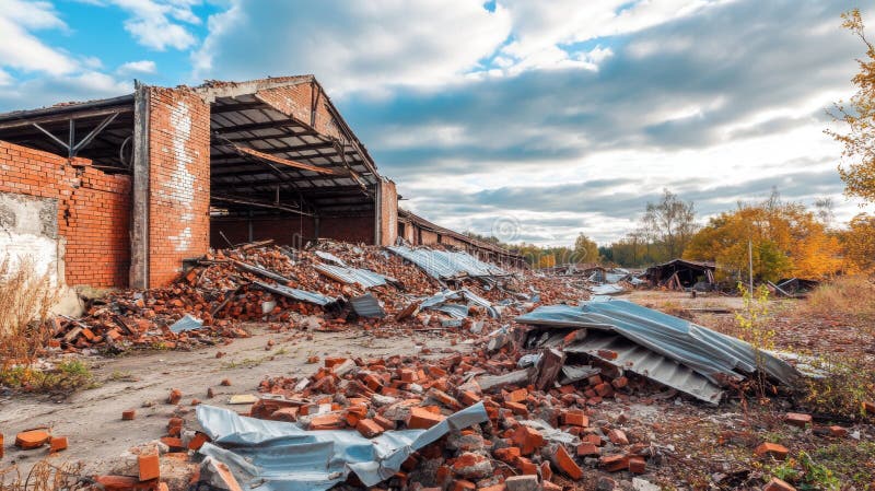 Rubble of a Collapsed Brick Building Under a Cloudy Sky Stock ...