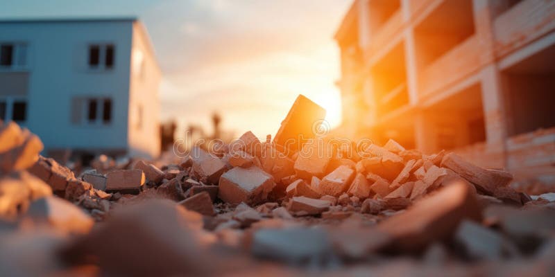 Rubble of Collapsed Building Illuminated by Sunset after Disaster Stock ...