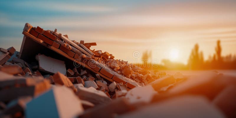 Rubble of Collapsed Building Illuminated by Sunset after Disaster Stock ...