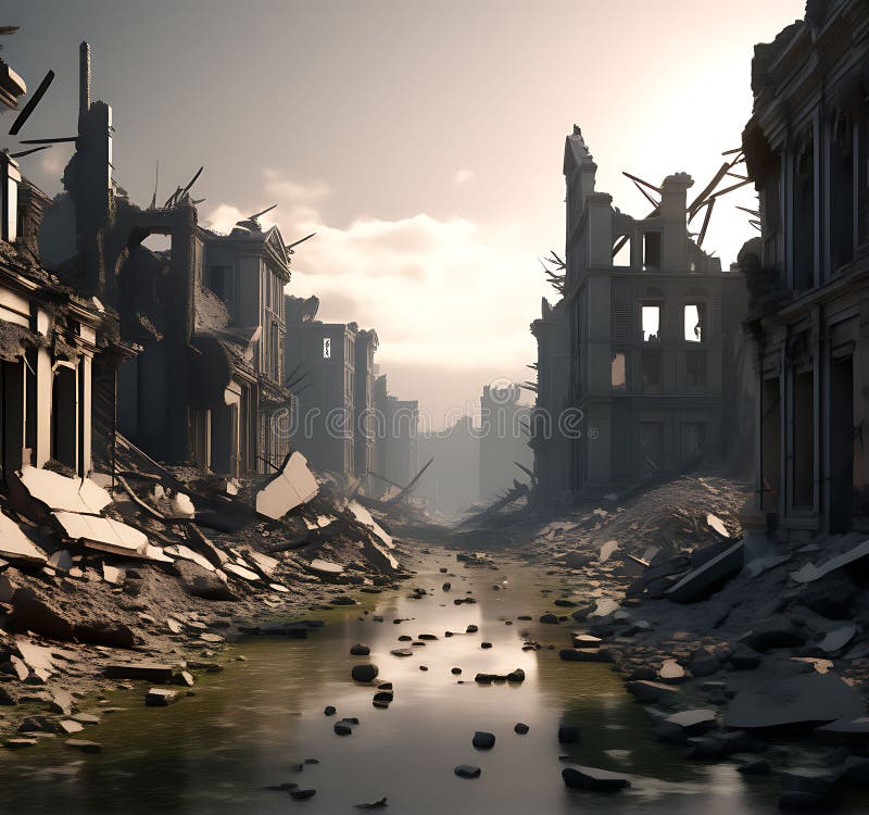 Rubble Resilience: 3D Render of a Destroyed Building on a Solid ...