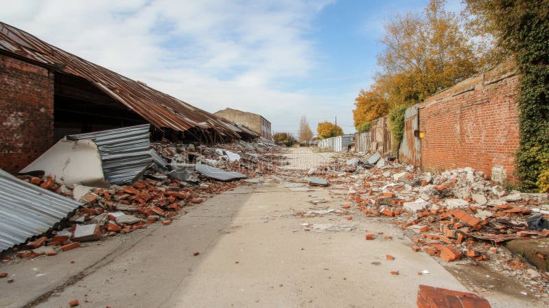 Rubble-strewn Alleyway with Collapsed Building and Brick Wall Stock ...