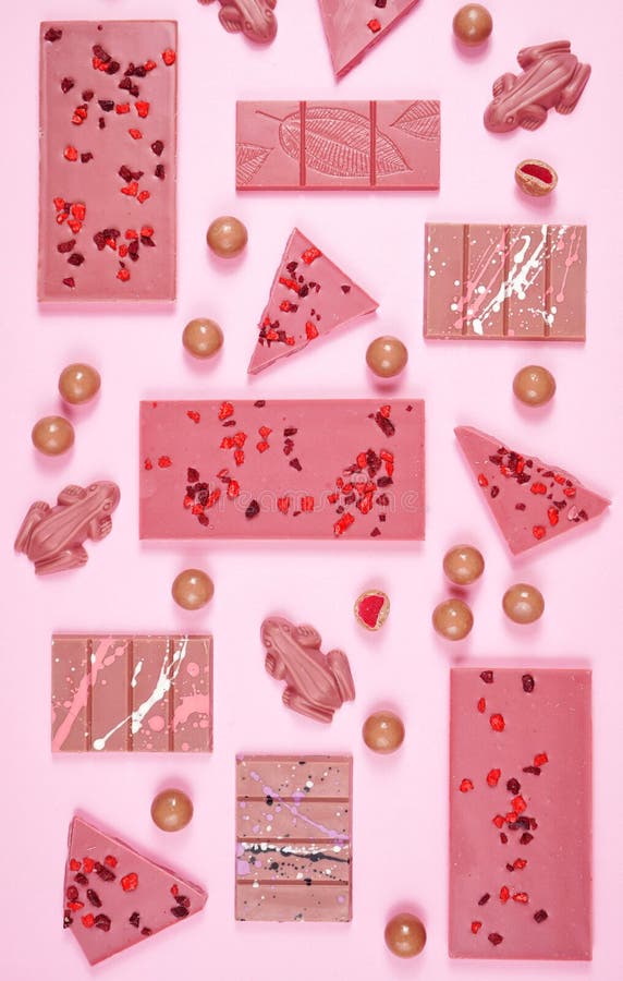 Ruby Chocolate Selection Flat Lay Overhead on Pink Background. Stock ...