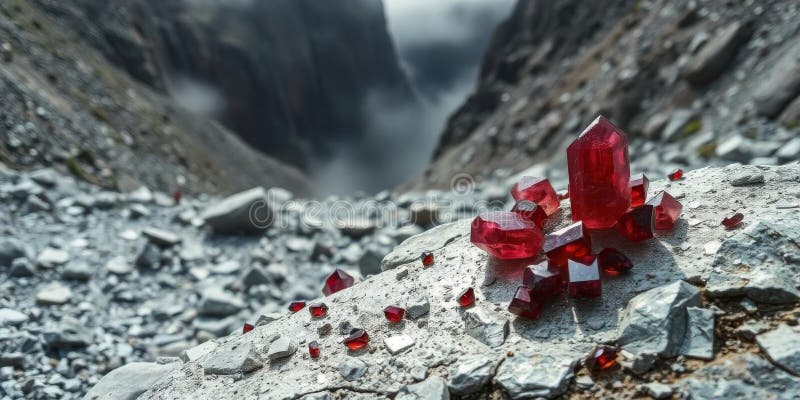 Ruby Crystals Scattered on Rocky Terrain in a Mountainous Landscape ...