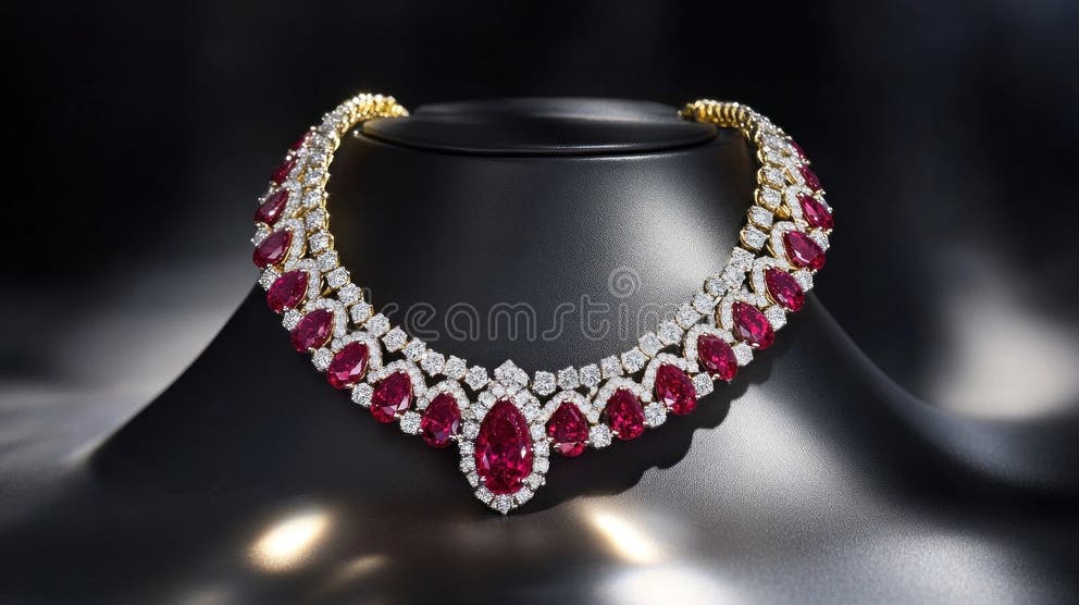 Ruby and Diamond Necklace Shining on Black Bust Displaying Luxury and ...