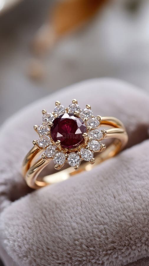Ruby and Diamond Ring Resting on Soft Grey Velvet Surface Stock Photo ...