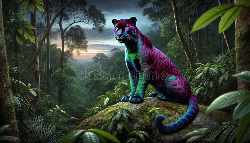 Ruby and Emerald Panther Perched in Dense Forest at Twilight Stock ...