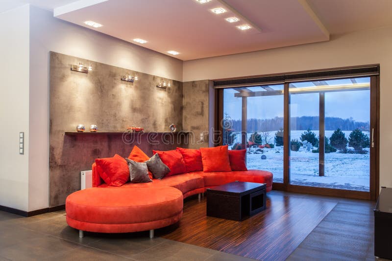 Ruby house - Red sofa stock image. Image of rent, realestate - 30102105