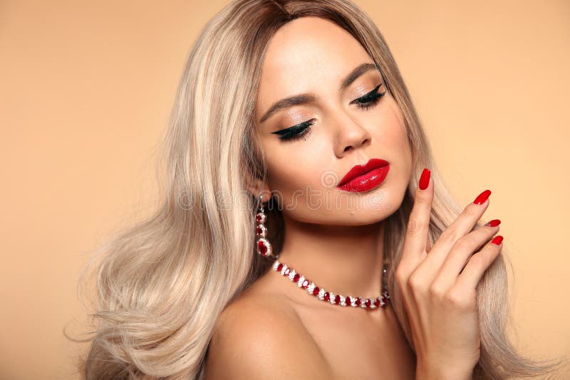 Ruby Jewelry Beauty Portrait Of Blonde Woman With Red Lips Makeup And