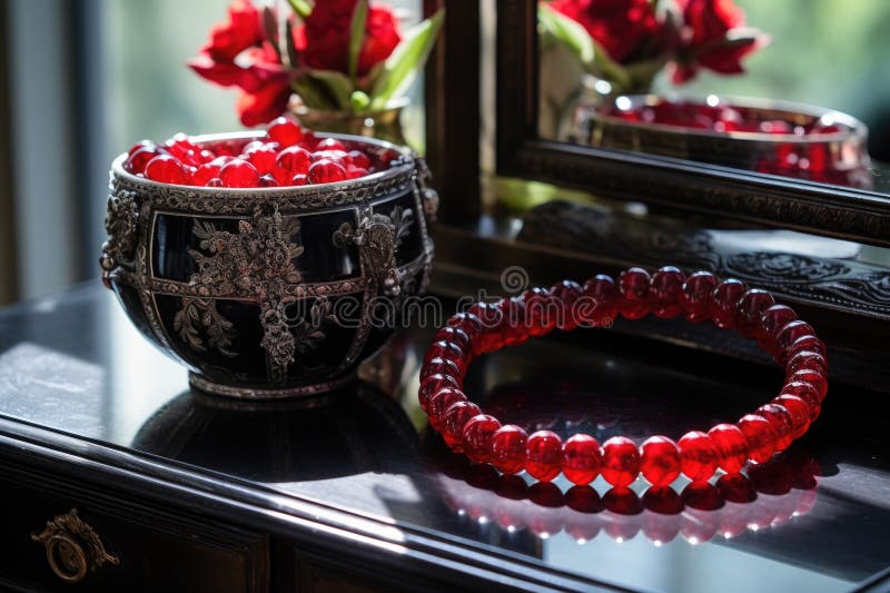 A Ruby Red Beaded Bracelet on a Black Lacquer Dressing Table Stock ...