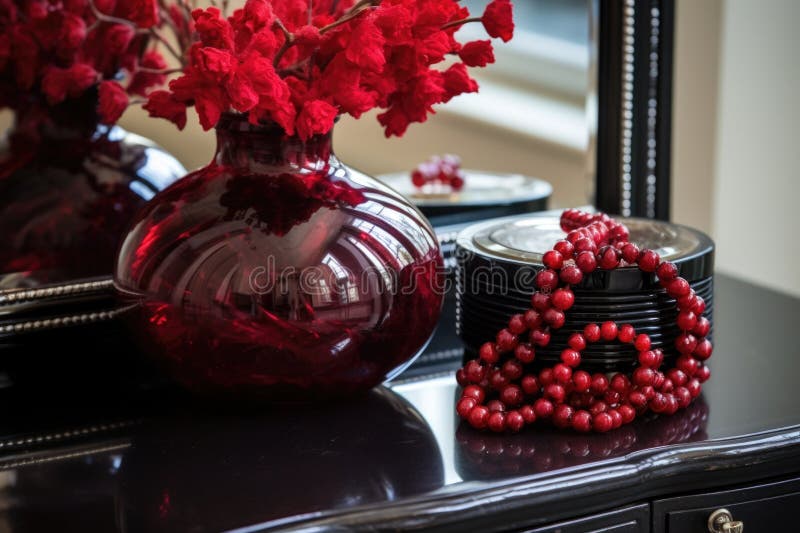 A Ruby Red Beaded Bracelet on a Black Lacquer Dressing Table Stock ...