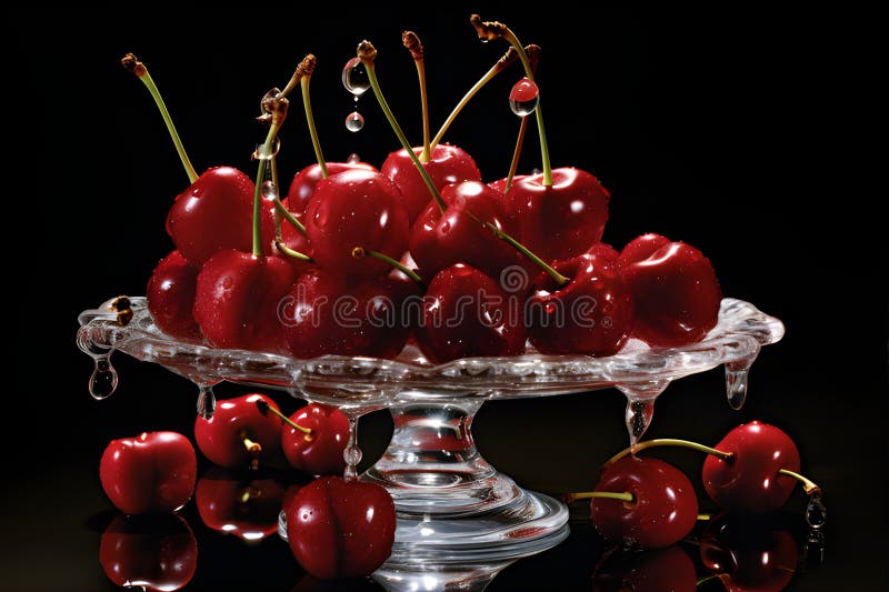 Ruby Red Cherries Clustered on a Crystal Platter, Drops of Water. AI ...