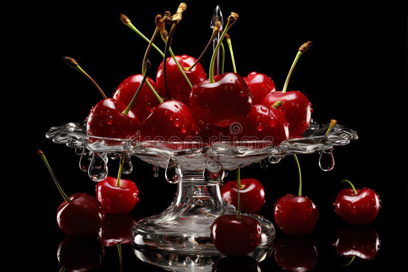 Ruby Red Cherries Clustered on a Crystal Platter, Drops of Water. AI ...