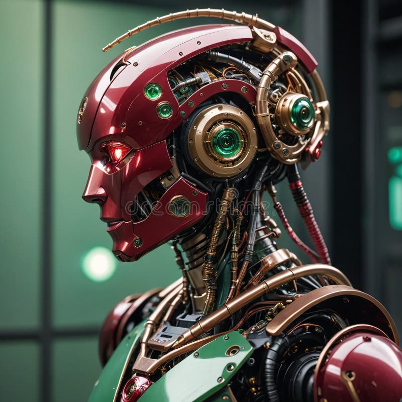 Ruby Red Futuristic Robot with Bronze Mechanical Components and Glowing ...