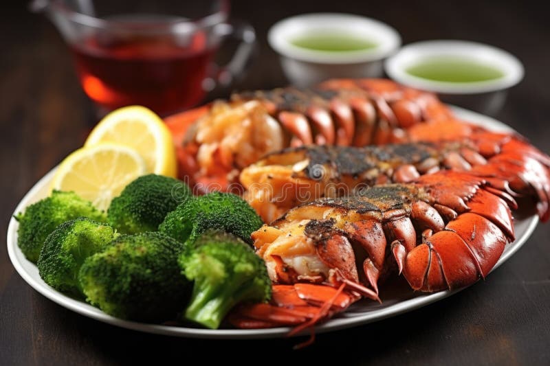 Ruby-red Grilled Lobster Tails with a Side of Steamed Broccoli Stock ...