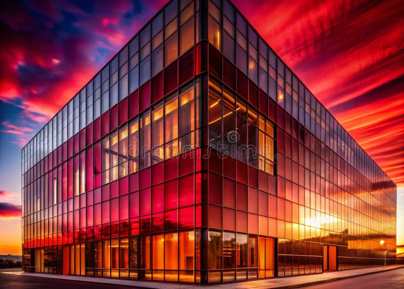 Ruby Red Modern Architecture Geometric Facade in a Sunset Cityscape ...