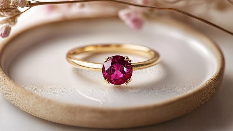 A Ruby Ring Displayed on a Clean White Ceramic Plate with Subtle Gold ...