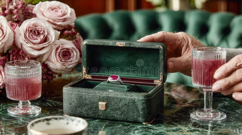 Ruby Ring in an Open Casket Made of Green Leather Stock Illustration ...