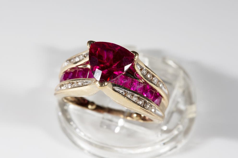 Ruby Ring Surrounded by Diamonds,Trillion Cut, Yellow Gold Ring Stock ...