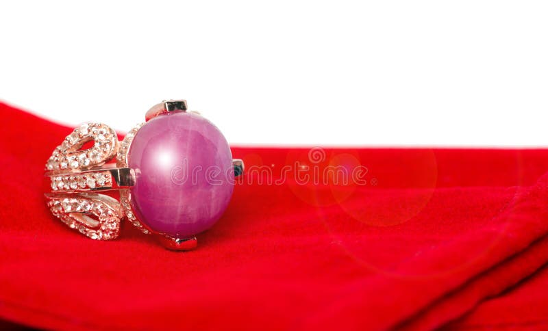 Ruby Stone with Diamonds Ring on Red Velvet Bag. Collection of Natural ...