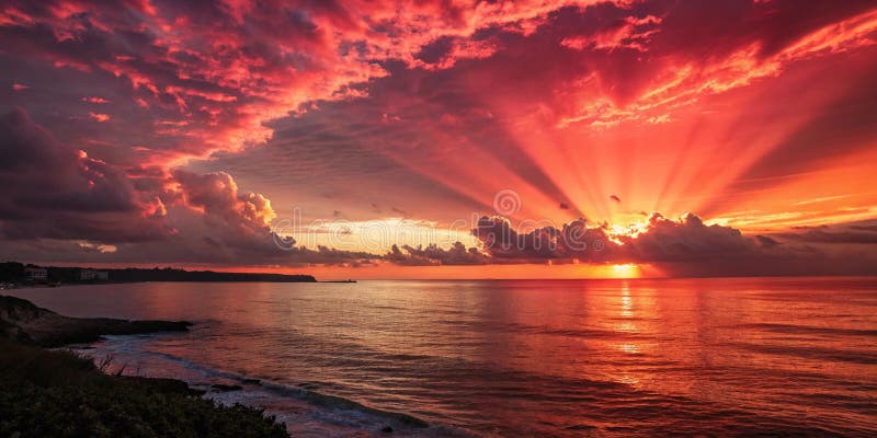 Ruby Sunset Over Ocean stock illustration. Illustration of ruby - 368089533