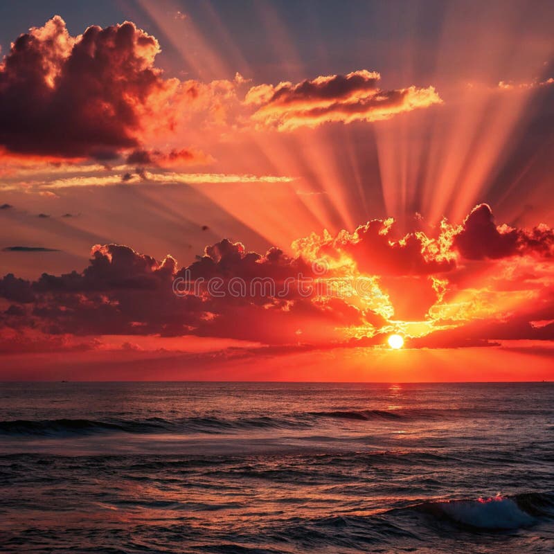 Ruby Sunset Over Ocean stock illustration. Illustration of beautifulsky ...