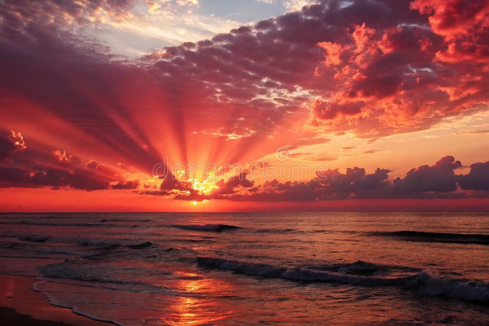 Ruby Sunset Over Ocean stock illustration. Illustration of oceanlandscape - 368030642