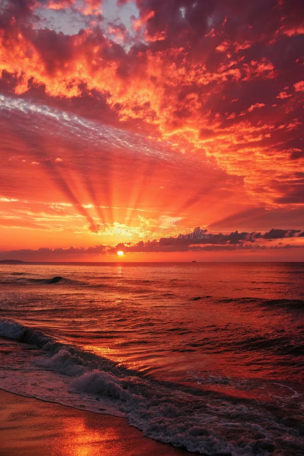 Ruby Sunset Over Ocean stock illustration. Illustration of travelblog ...