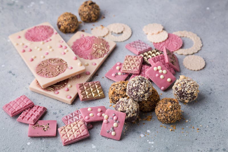 Ruby and White Chocolate Bar with Chocolate Truffle Candies with Gold ...