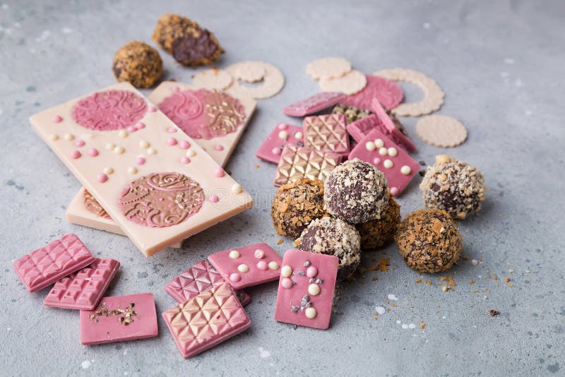 Ruby and White Chocolate Bar with Chocolate Truffle Candies with Gold ...