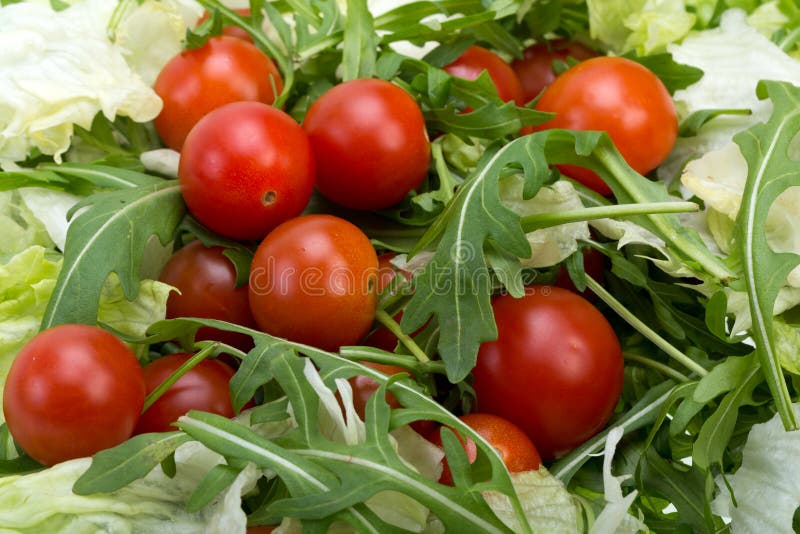 Ruccola, Lettuce Leaves and Cherry Tomatoes Stock Photo - Image of diet ...