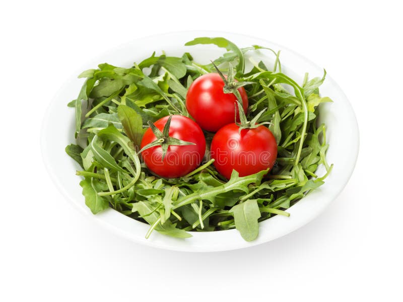 Ruccola and Tomatoes in White Bowl Stock Image - Image of rocket ...