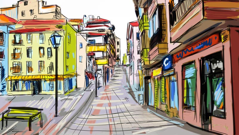 Rue - Façades De Vieilles Maisons Illustration Stock - Illustration du ...