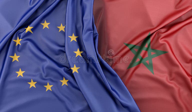 Ruffled Flags of European Union and Morocco. 3D Rendering Stock ...