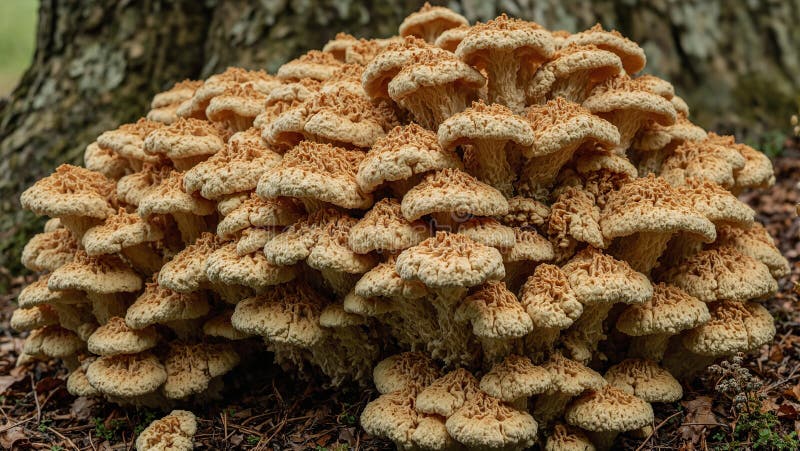 Ruffled Maitake Mushrooms in Dense Cluster at Oak Tree Base Stock ...