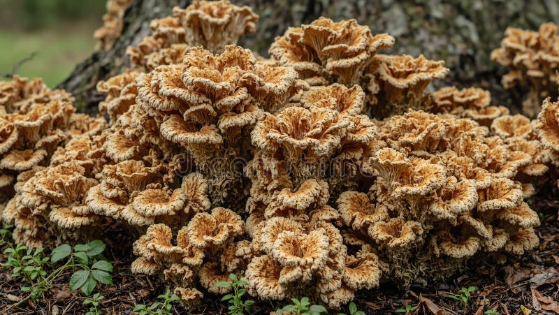 Ruffled Maitake Mushrooms in Dense Cluster at Oak Tree Base Stock ...
