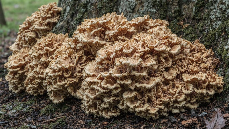 Ruffled Maitake Mushrooms in Dense Cluster at Oak Tree Base Stock ...