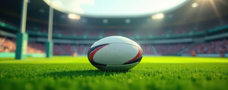 Rugby Ball Centered on Grassy Pitch, Posts Blurred Stadium , Event ...
