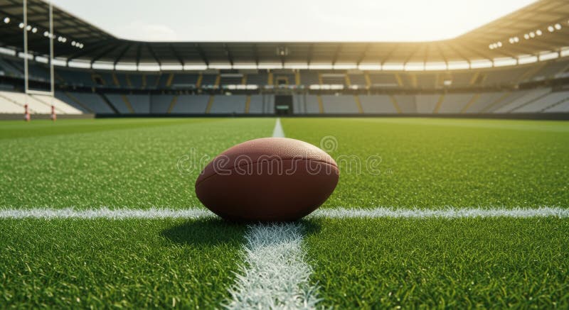 Rugby Ball on Green Pitch in Sunlit Stadium with Empty Stands Stock ...