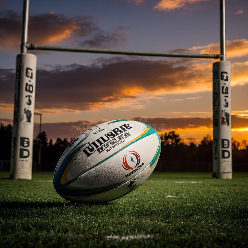 Rugby Ball in Motion Towards Goalposts with Sunset Sky Stock Photo ...