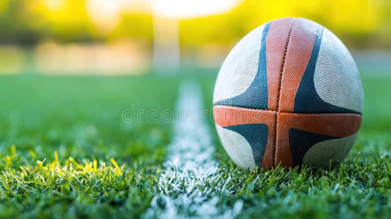 Rugby Ball Positioned on the Field Line, Ready for Kickoff, with Grass ...