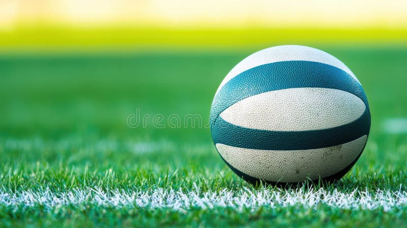 Rugby Ball Positioned on the Field Line, Ready for Kickoff, with Grass ...