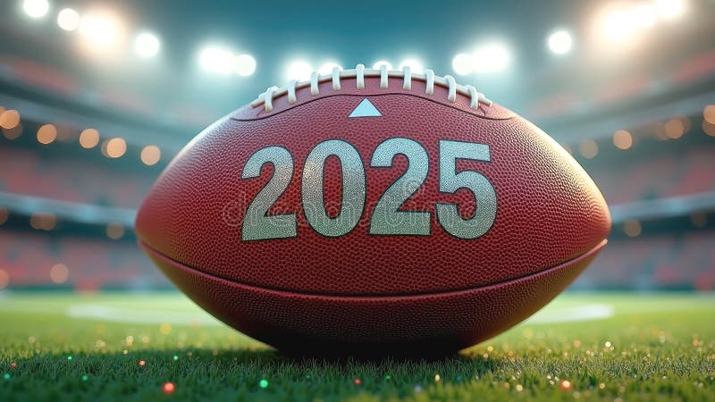Rugby Ball with 2025 Text Lying on Stadium Grass in Close-up. AI ...