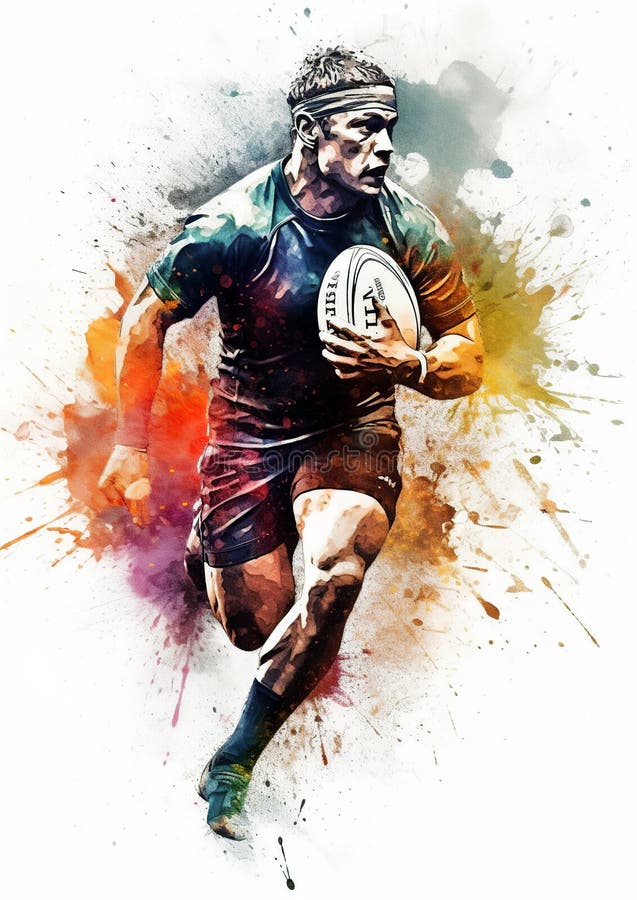 Rugby Player in Action with Colorful Paint Splash, Isolated on White ...