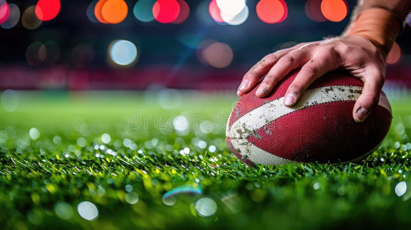 A Rugby Player S Hand Gripping a Rugby Ball on Green Grass Inside a ...