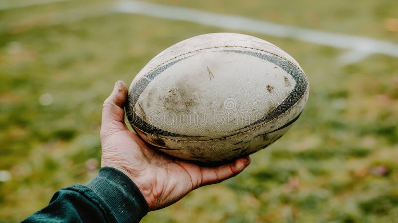 A Rugby Player& X27;s Hand Gripping a Rugby Ball on Green Grass Inside ...