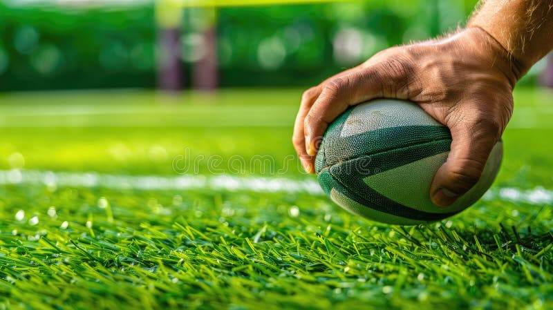 A Rugby Player& X27;s Hand Gripping a Rugby Ball on Green Grass Inside ...