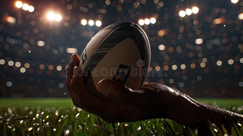 A Rugby Player S Hand Gripping a Rugby Ball on Green Grass Inside a ...