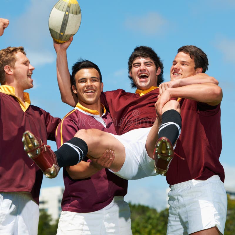 Rugby, Success and Teamwork with Winner and People on Field for ... Rugby, Success and Teamwork with Winner and People on Field for ...